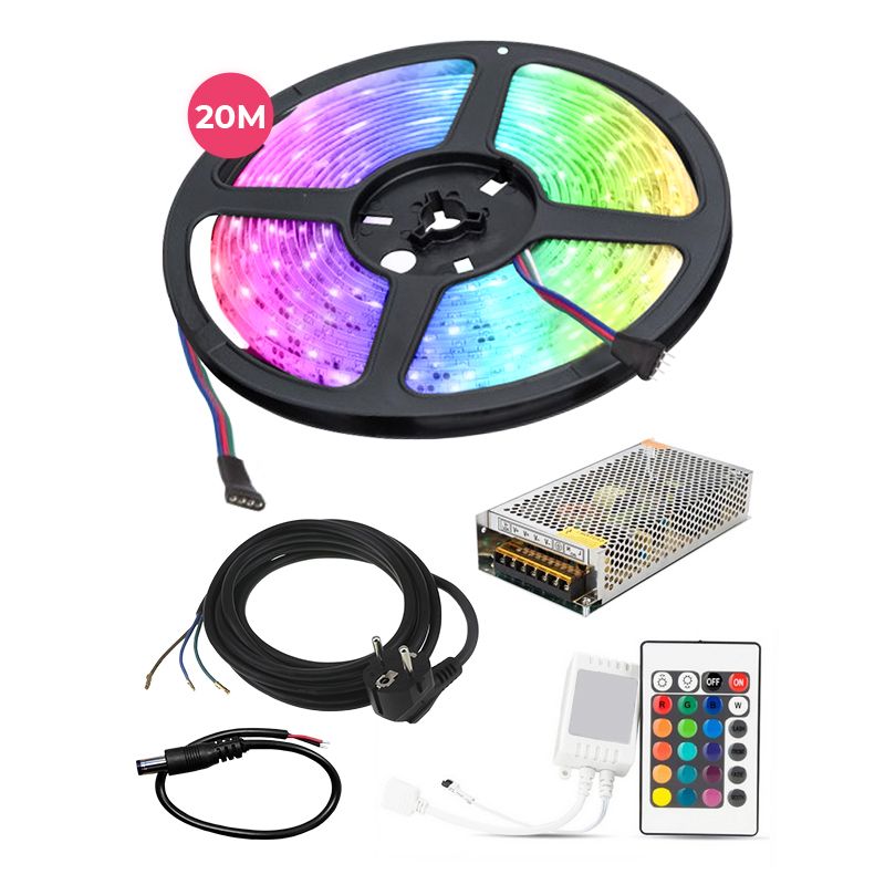 20 meter 12V RGB LED strip met afstandsbediening, 30 leds en 7,2w p/m ...